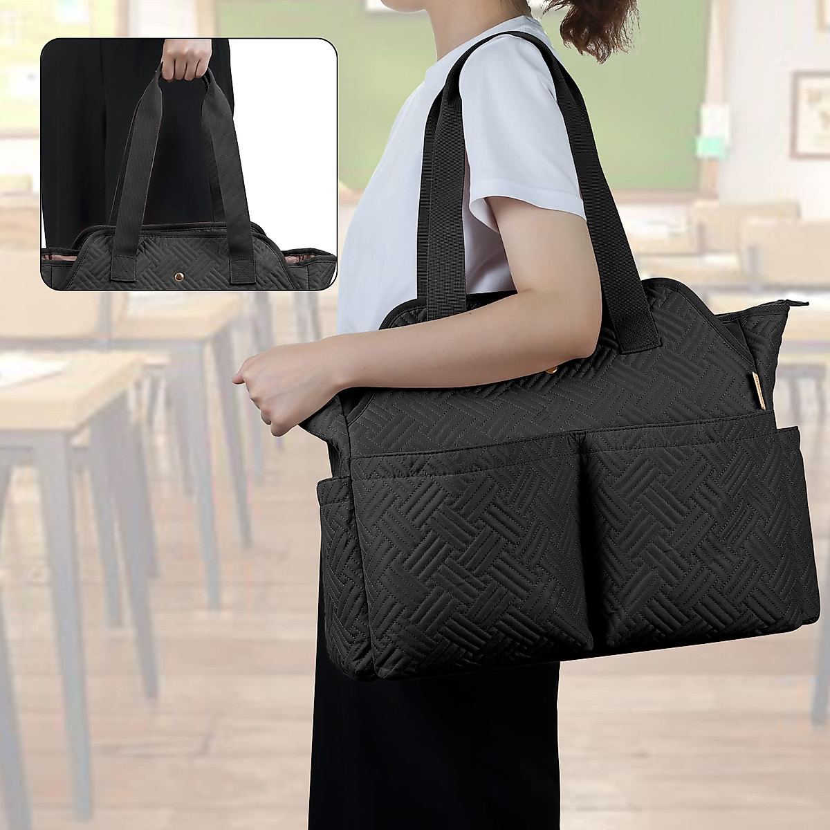 Fasrom Teacher Bag for Work Women, Large Utility Tote Bag with Laptop Compartment for Teacher Essentials (Empty Bag Only), Black