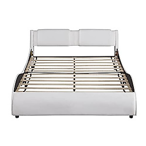 Lostcat Queen Modern Upholstered Faux Leather Platform Bed with LED Light Bed Frame,Strong Wood Slats Support,Wave Like Curve Low Profile Bed Frame for Boys/Girls/Adult Bedroom,Easy Assembly,White