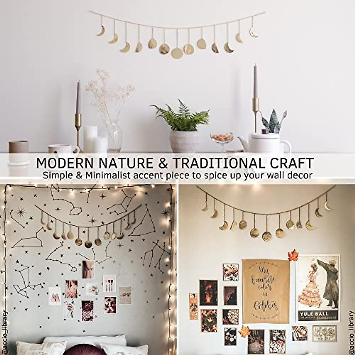 Moon Phase Wall Hanging, Handmade Hammered Gold Metal 13 Moons 36" Garland, Phases of the Moon, Celestial Lunar Art, Bohemian Aesthetic Christmas Boho Decor for Bedroom Home Dorm Living Room Girl Gift