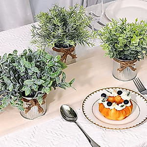 CEWOR 3 Pack Fake Potted Plants for Farmhouse Decor, Artificial Eucalyptus Metal Pots in Rustic Rectangular Pots Table Centerpiece for Dining Room Bathroom Desk Room Office Greenery Decor or Gift
