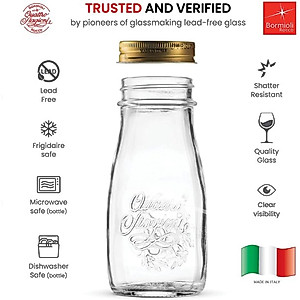 Bormioli Rocco Quattro Stagioni, Set Of 12, Glass Canning Mason Jars And Drinking Bottles, 13.5 Oz. With Gold Metal Airtight Lids, Made In Italy.