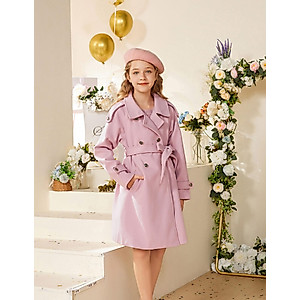 GRACE KARIN Kid Dress Coat Lapel Long Winter Pink Coats for Girls Size 8-10 Pockets Belt