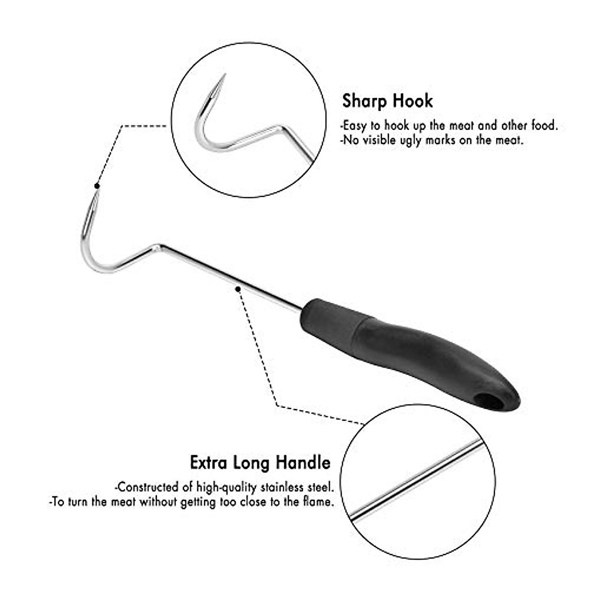 Skyflame 12-inch Food Flipper, Stainless Steel BBQ Meat Turner Hook for Turning Bacon Steak Meat Vegetables Sausage Fish and More - Replaces Grill Spatula Tongs & BBQ Fork