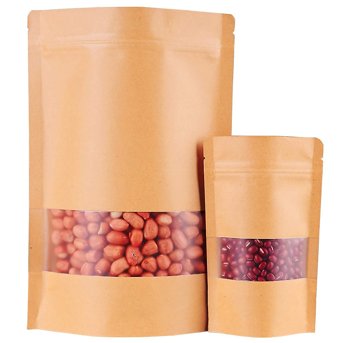 Kingrol 150 Count Kraft Paper Bags with Resealable Lock Seal Zipper &Transparent Window, Stand Up Food Bags, 3 Size - 3.5 x 5.5 Inch/5.5 x 8 Inch/7 x 10.25 Inch