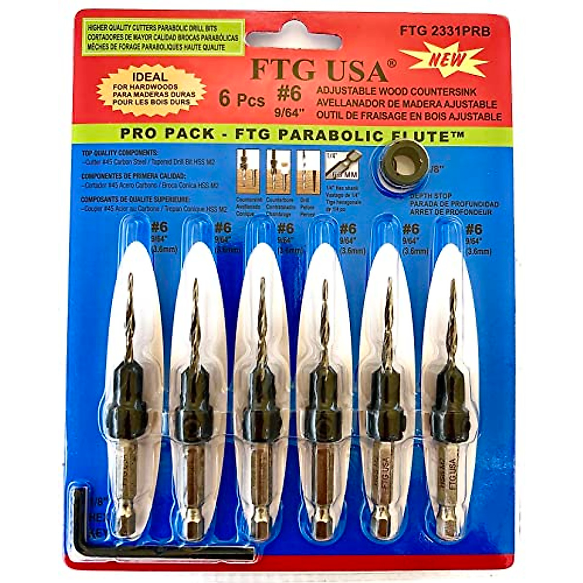 FTG USA Countersink Drill Bit Set 6 Pc #6 (9/64") Parabolic Flute Wood Countersink Drill Bit, Pro Pack Countersink Bit, Tapered Drill Bits for Countersink with 1 Depth Stop Collar and 1 Hex Wrench
