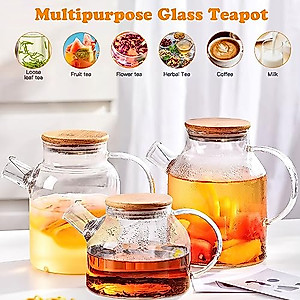 Glass Teapot Stovetop Microwave Safe, 50oz/1500ml Glass Tea Kettle with Bamboo Lid and Removable Filter Spout, Heatproof Borosilicate Glass Teapot for Loose Leaf, Blooming Tea and Fruit Tea…