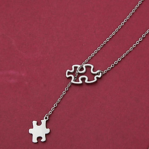 BNQL Autism Awareness Puzzle Lariat Necklace Motivational Autism Gift (Silver Y necklace)