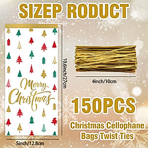 Whaline 150Pcs Christmas Cellophane Bags Red Green Gold Xmas Tree Print Candy Cookie Treat Bags Plastic Holiday Goodie Bags with Twist Tie