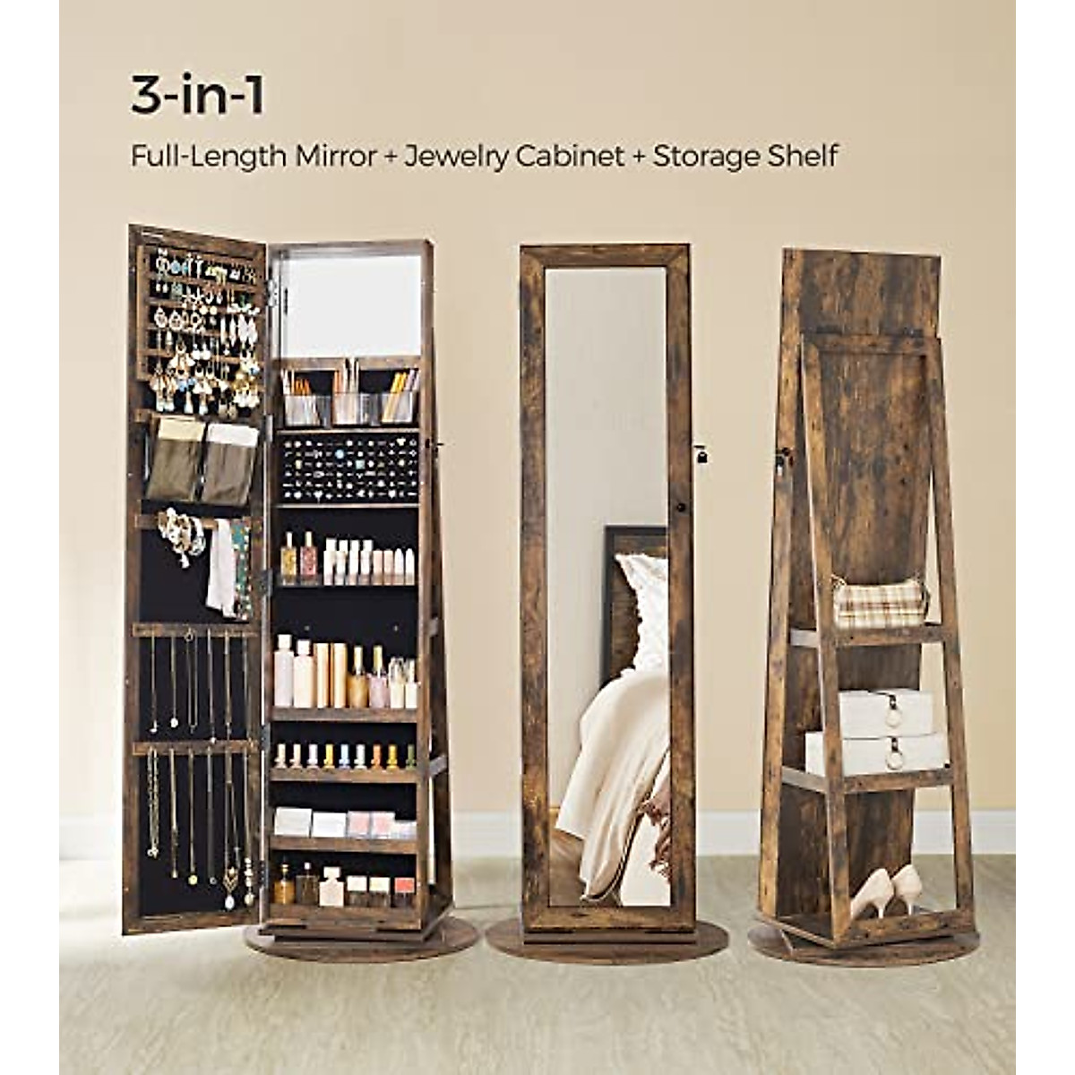 SONGMICS 360° Swivel Jewelry Cabinet, Lockable Jewelry Organizer with Full-Length Mirror, Rear Storage Shelves, Built-in Small Mirror, Jewelry Armoire, for Women, Rustic Brown UJJC006X01