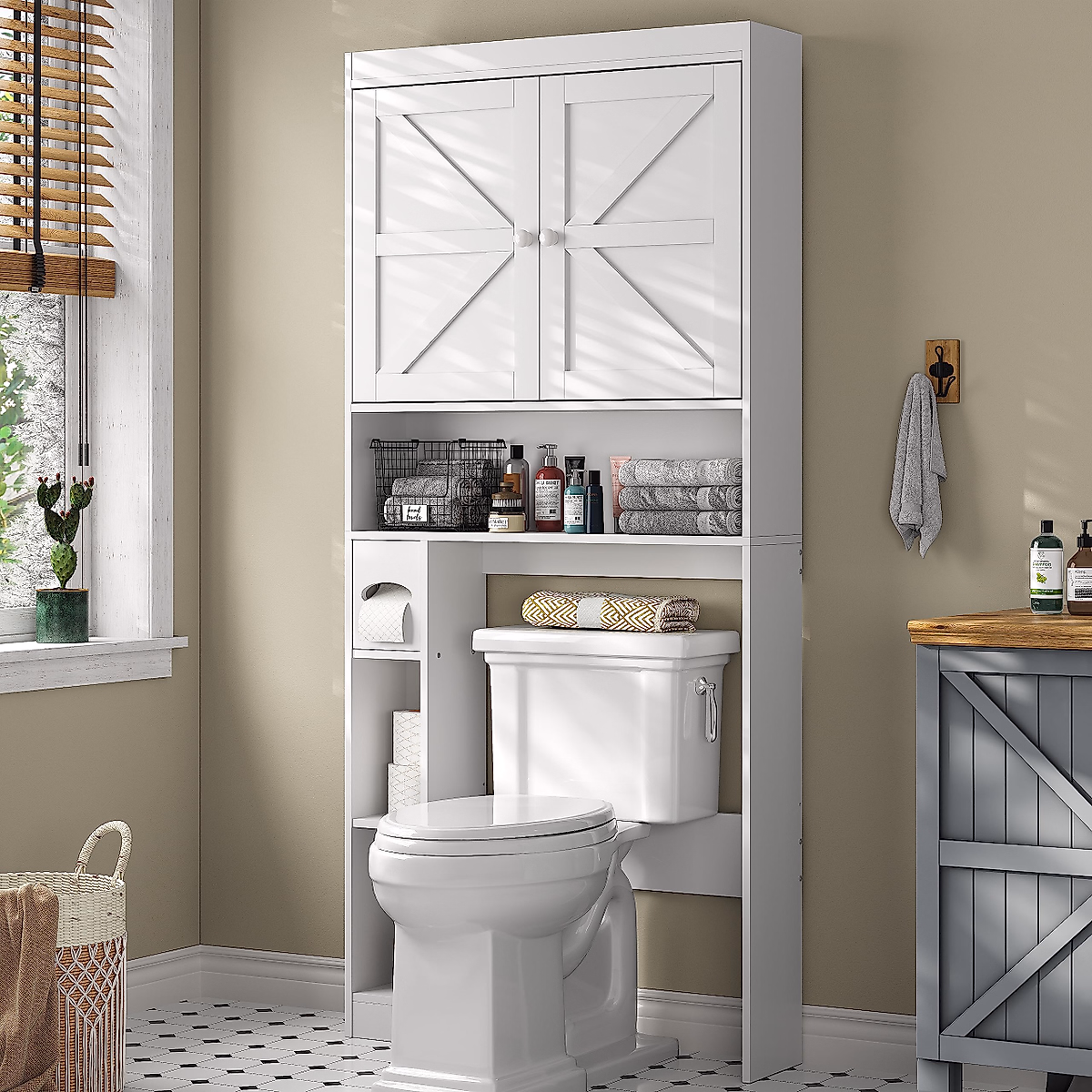 furomate Over The Toilet Storage Cabinet with Barn Doors, 32.3''W Free Standing Toilet Storage Shelf Space Saver with Adjustable Bottom Bar, White