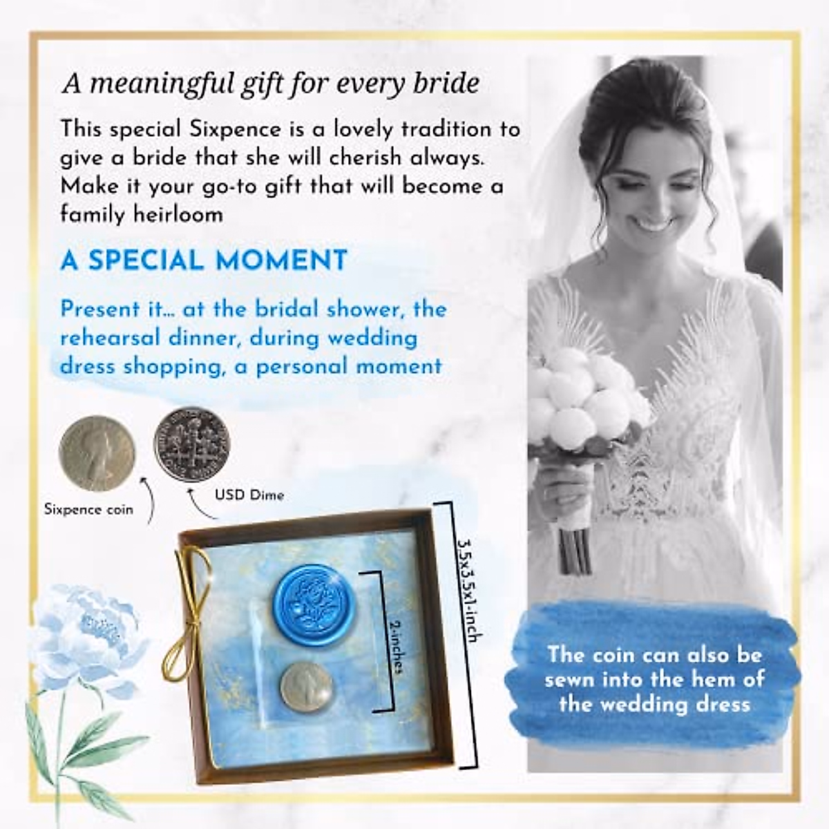 Authentic Silver Sixpence Coin For Bride's Shoe - 4 Piece Set Includes 1960 Sixpence, Sentimental Message Card, Something Old New Borrowed Something Blue Tradition Wedding Poem Card, Keepsake Gift Box