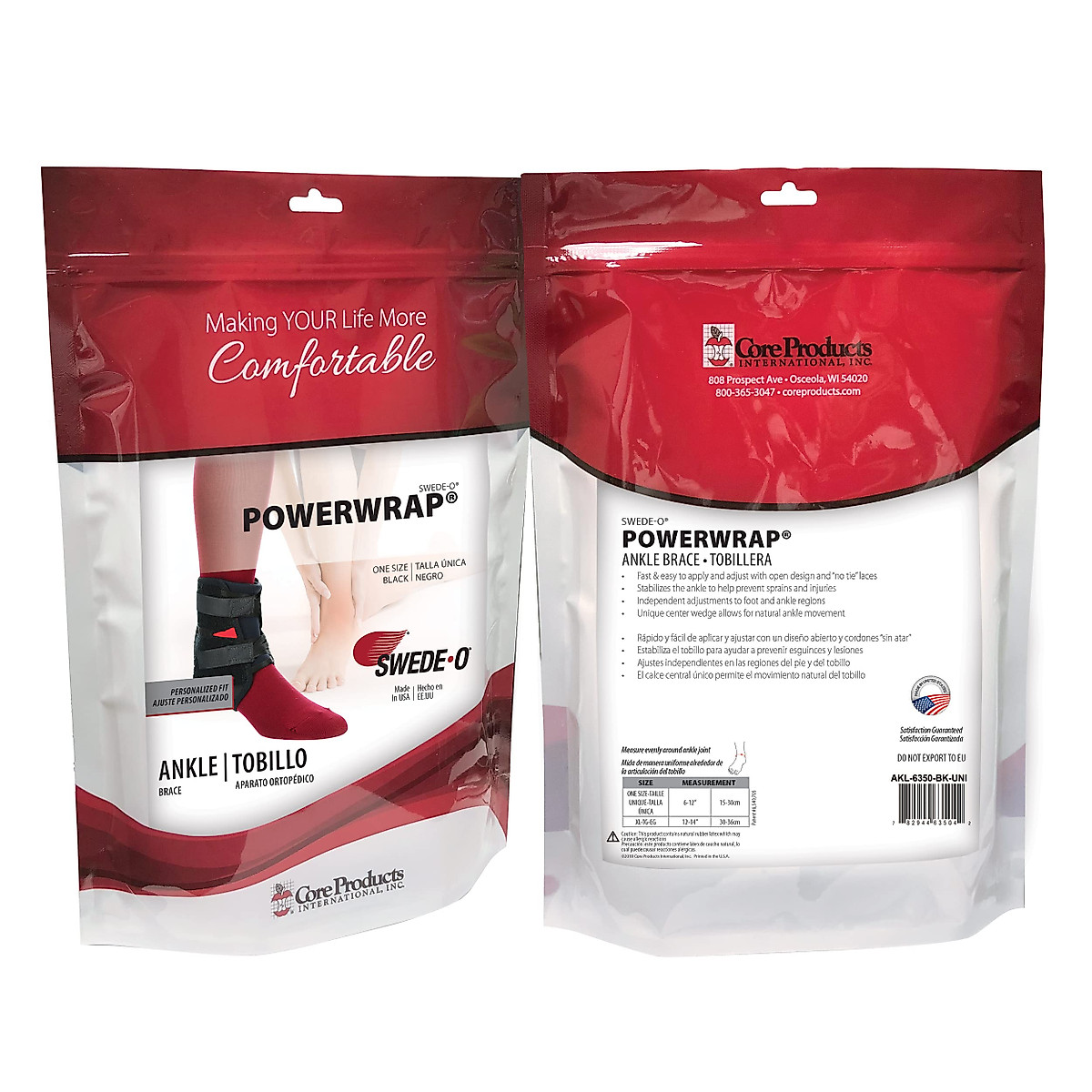 Core Products Swede-O PowerWrap Stabilizing Ankle Brace, No-tie Laces, Adjustable & Reinforced, Black, Regular