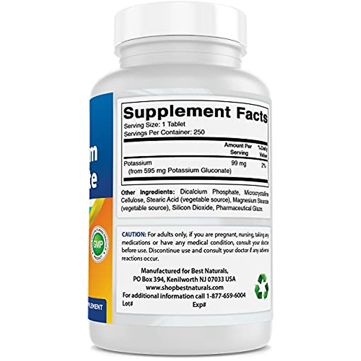 Best Naturals Potassium Gluconate Supplement 595 Mg Tablet, 250Count