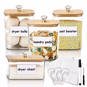 Dounozzi 4 Pack Laundry Pods Container & Laundry Powder Container for Laundry Organization, Plastic Laundry Detergent Container for Organizing, Dryer Sheet Holder with Lid and 16 Labels