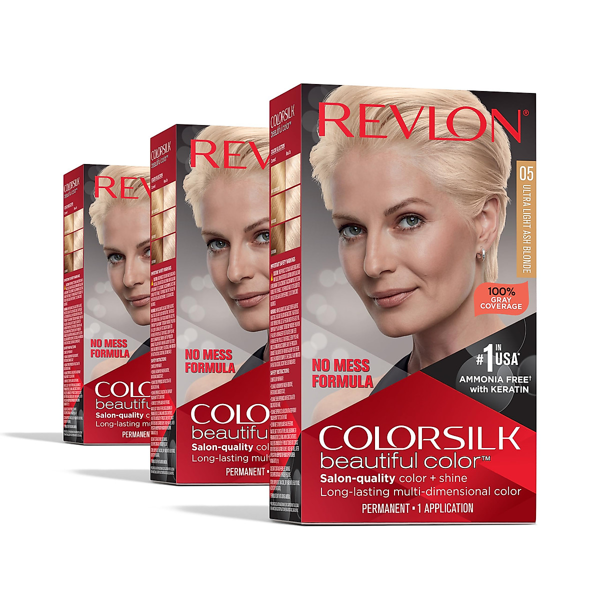 Revlon ColorSilk Permanent Hair Color, 100% Gray Coverage Dye Kit, Ammonia-Free, Keratin and Amino Acids, Blonde Shades, 05 Ultra Light Ash Blonde (Pack of 3)