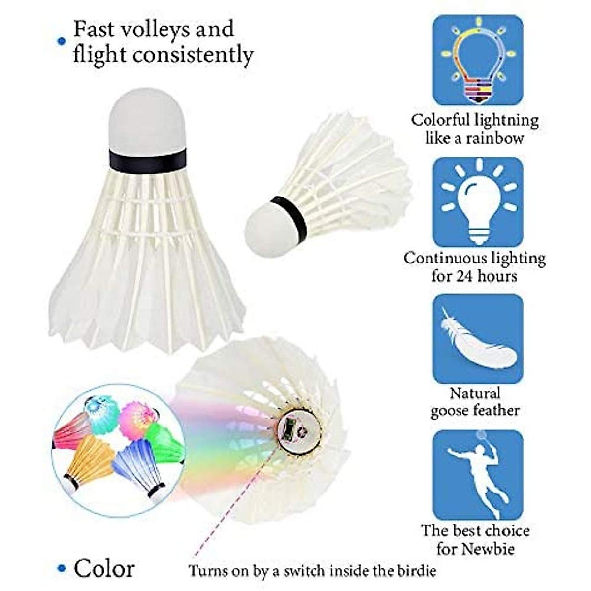 YYZP 6-Pack LED Badminton Shuttlecocks, Badminton Birdies Glow in The Dark Birdie Badminton Set for Outdoor/Indoor Lighting Sport Activities Game