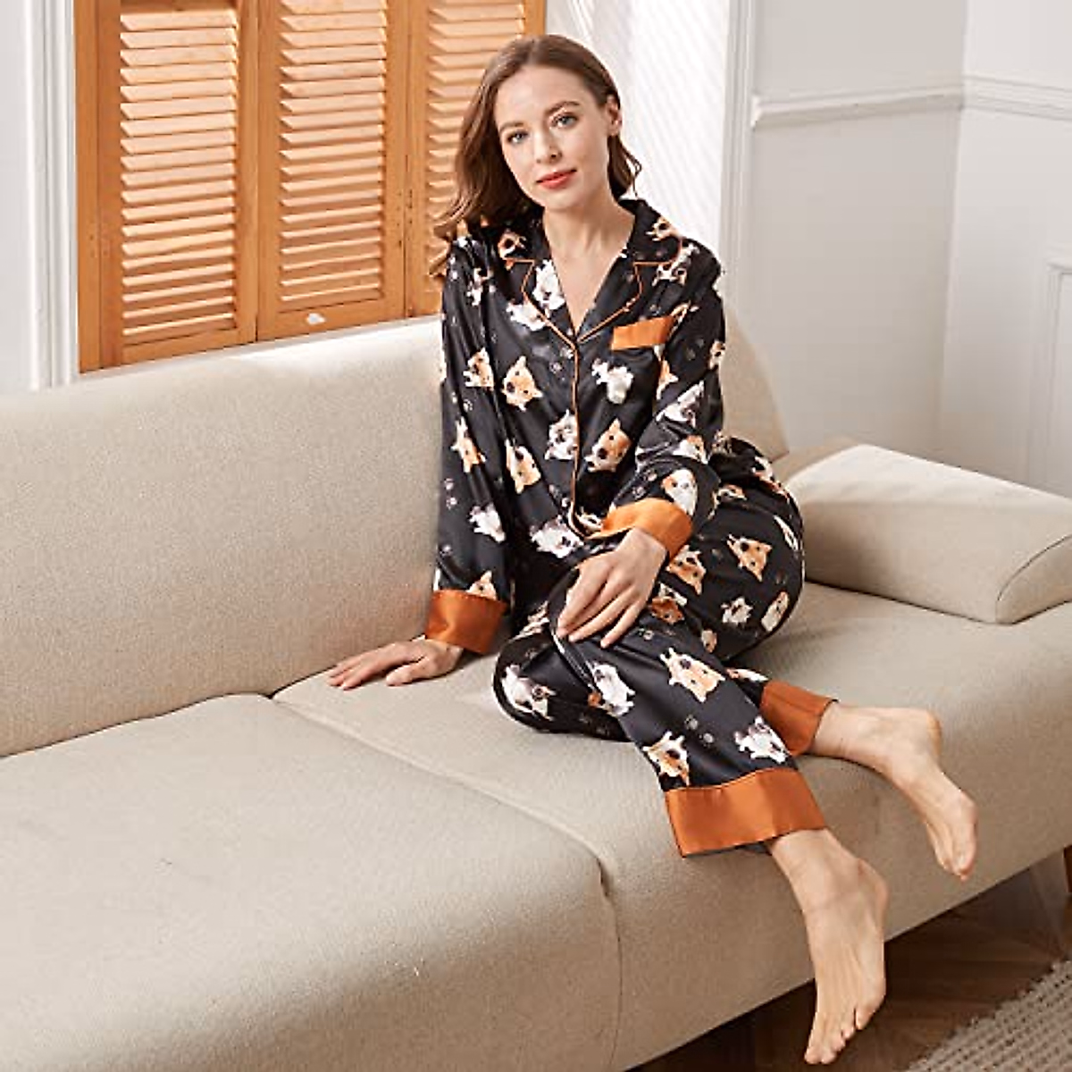 Belle Heure Women’s Silk Satin Classic Long Sleeve Pajamas Button Down Silky Floral Animals Pattern Set Loungewear Sleepwear
