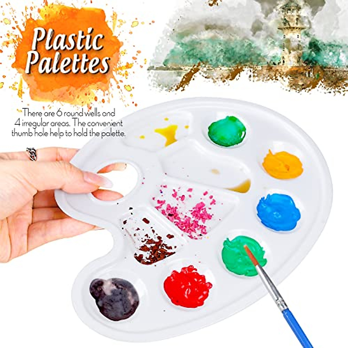 Oval Paint Tray Palettes, FANDAMEI Plastic Paint Tray Palette, Paint Palettes Paint Pallets with Thumb Hole for Adults & Kids, for Painting or DIY Craft Class, White, 2 PCS