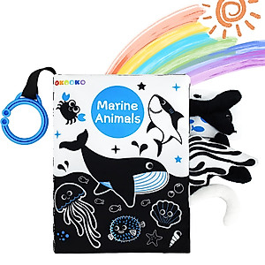 OKOOKO Soft Baby Book Black and White High Contrast Marine Animals Tails Book Bath Book Montessori Sensory Stroller Toy Non-Toxic Crinkle Washable Early Education for Baby Infant Toddler