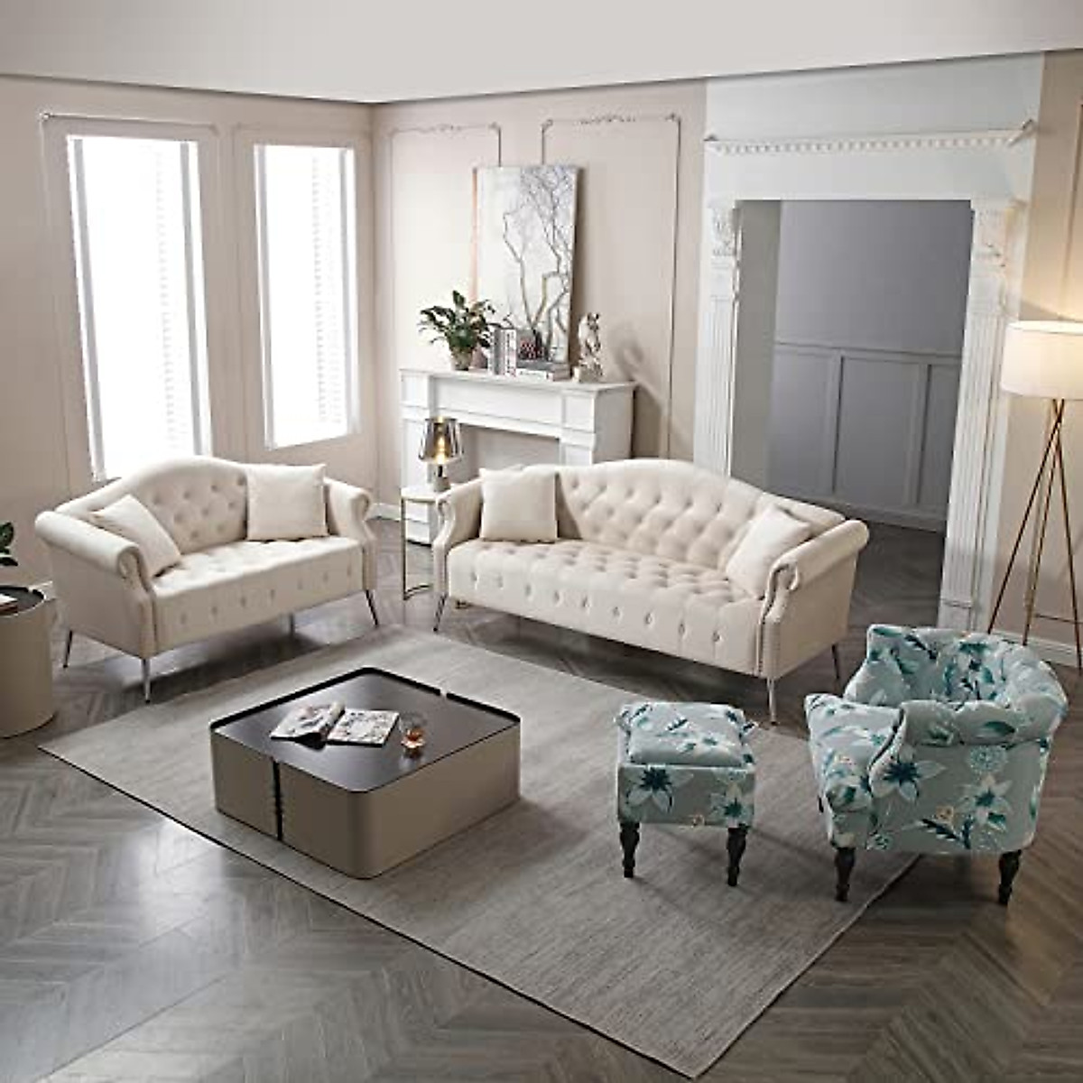 Homtique Sofa Set for Living Room 2 Piece, Modern Velvet Loveseat Sofa Set Upholstered Button Tufted Nailhead Trimming Rolled Arm and Metal Legs, Velvet Sofa Couch with 4 Pillows(Beige)