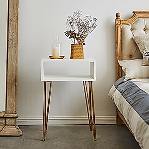 COZAYH Modern Contemporary Nightstand Set of 2, Extreme Minimalism End Table Open Shelf Style Bedside Table on Metal Hairpin Legs (White&Gold)