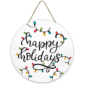 Happy Holidays Wooden Hanging Sign Wooden Holiday Decor for Front Door Xmas Colorful Light Bulb String Print for Front Door Wall Porch Decorations 12x12 Inch