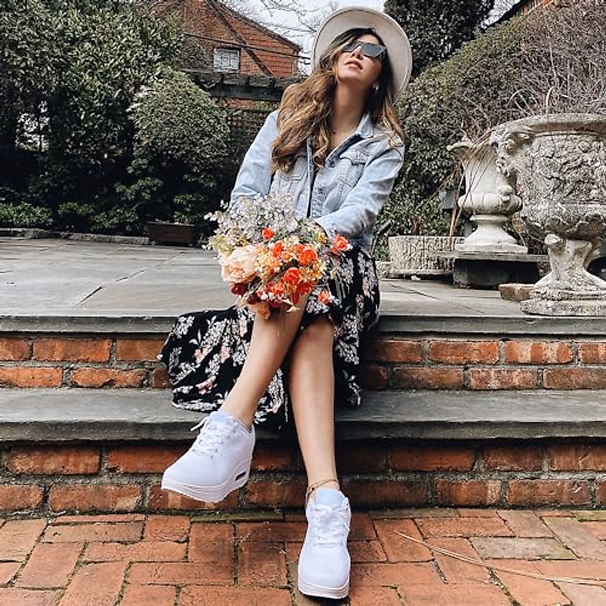 RUIDENG Rocker Bottom Shoes for Women Comfy | White Platform Sneakers Everyday Wear | 2 Inch Thick Sole with Air Cushion Size 6.5