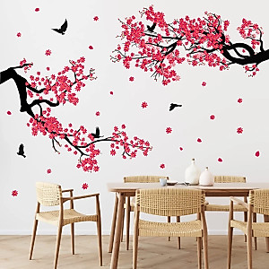WOYINIS 3D Cherry Blossom Wall Stickers, Tree Branch Birds and Falling Flowers Petals Wall Decals, Peel & Stick Women Girls Bedroom Wall Decals Stickers Art for Living Room Bedroom Office Wall Decor