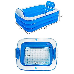 Gweaty XL Blue Color Inflatable Bathtub Plastic Portable Foldable Bathtub Soaking Bathtub Home SPA Bath, 160x120x60cm