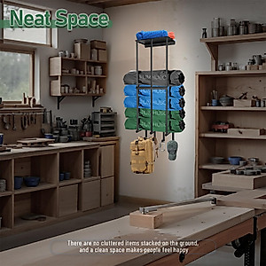 PUMHUBO Camping Chair Wall Storage for Garage - Metal Beach Lawn Chair Rack, Garage Storage and Organization Shelves, Wall Mounted Umbrella Storage Rack Holder with Floating Shelf and 4 Hooks Black