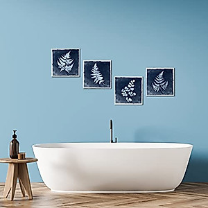 HOMEOART Navy Blue Plant Pictures Wall Art Bathroom Decor Fern Painting Canvas Prints Botanical Wall Art Framed Living Room Kitchen Dining Room Decor 12 x 12 Inch x 4 Panels