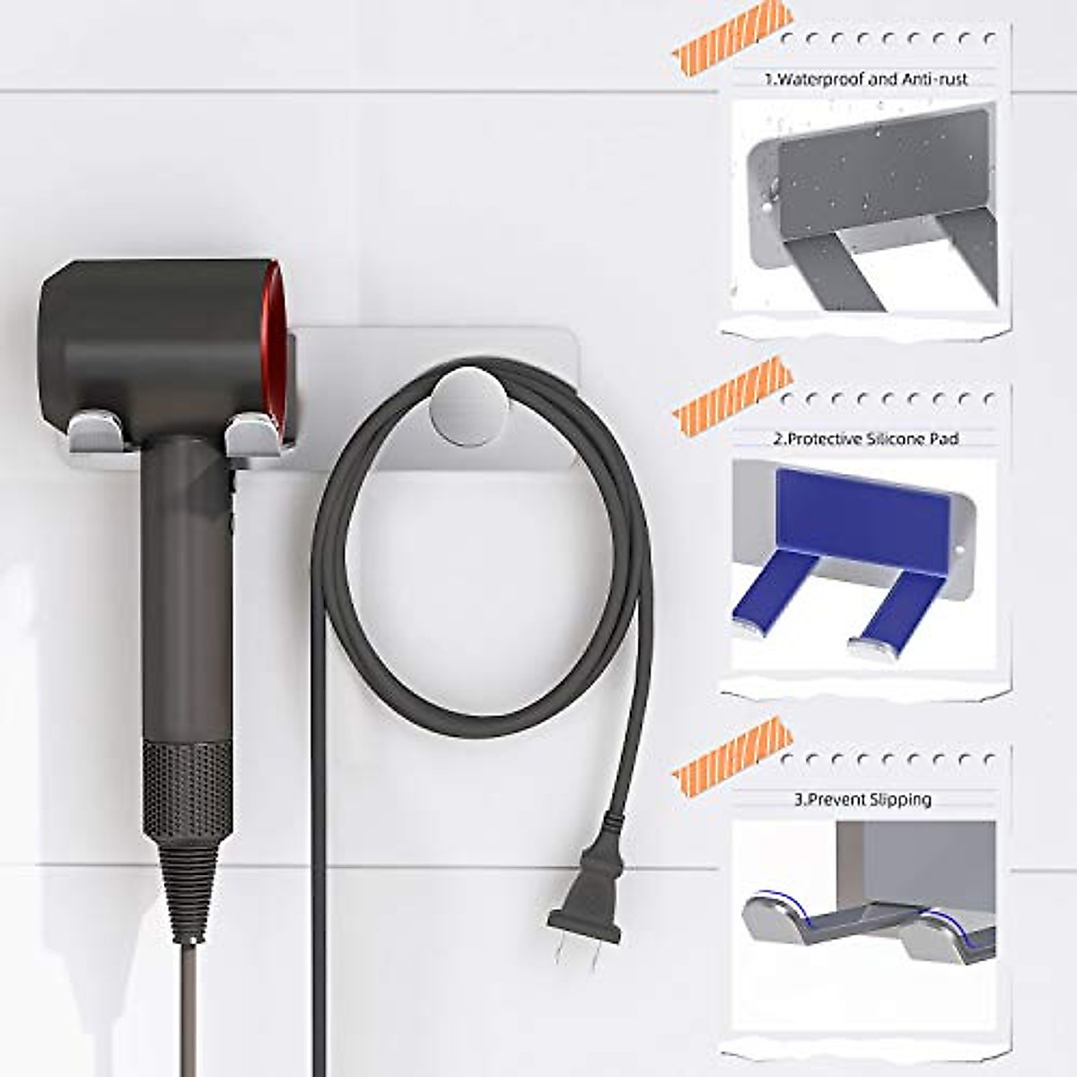 FLE Hair Dryer Holder Wall Mounted, Stainless Steel Self Adhesive Blow Dryer Holder Rack for Dyson Supersonic Hair Dryer,Silver