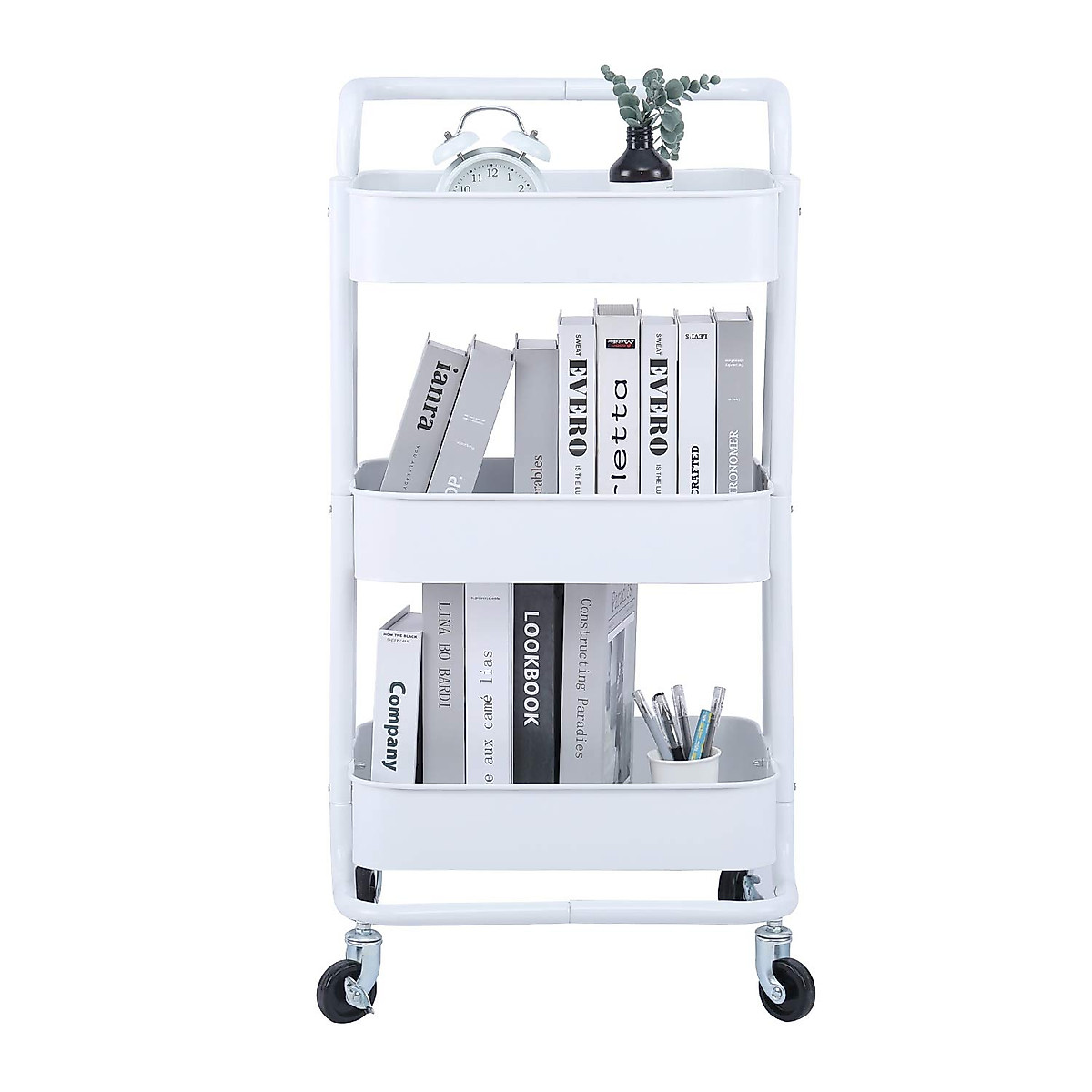 3-Tier Metal Mesh Rolling Cart Storage Organizer with Utility Handle and Wheels, White