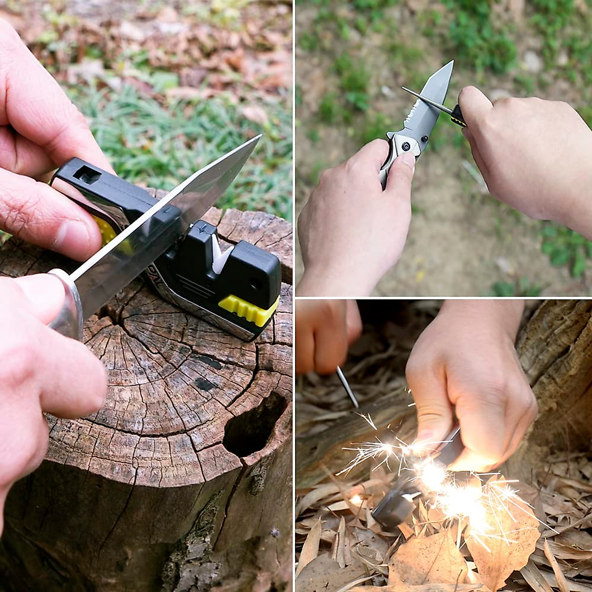 SHARPAL 101N-G Kitchen Pocket Knife Sharpener Survival Camping Tool with 2 Fire Starters Ferro Rod, Whistle & Diamond Sharpening Rod for Straight and Serrated Blade