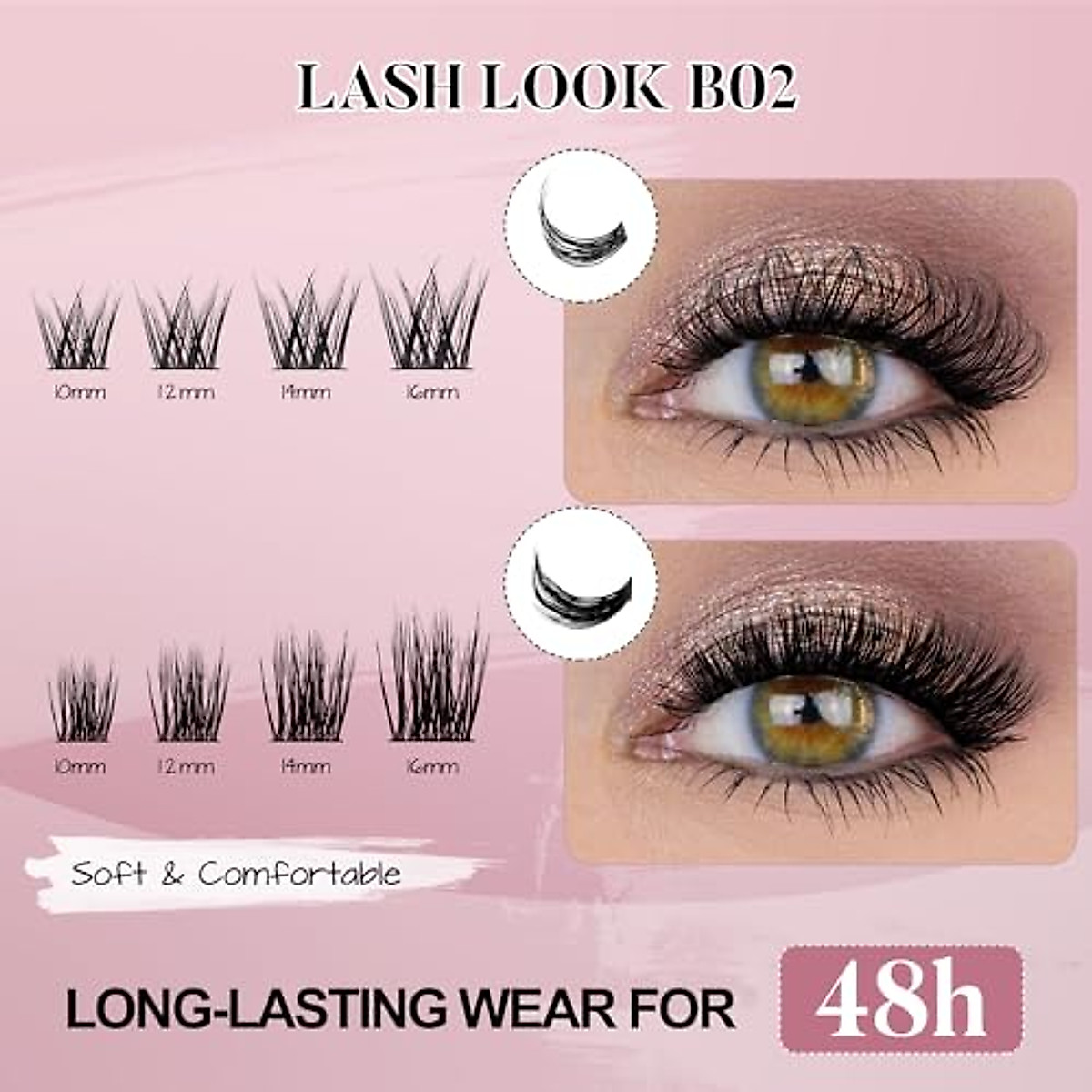 MilyBest DIY Eyelash Extension Kit with 144 Pcs Lash Clusters Bond and Seal Eyelash Glue Remover Eyelash Tweezers Applicator Beginner Set 10-16mm Thin Band Cluster Lashes Kit (Kit-2 Styles, M02)