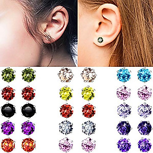 15 Pairs Stainless Steel CZ Stud Earrings for Women Hypoallergenic Cubic Zirconia Stud Earrings Sterling Birthstone Stud Earrings Set Multipack (10 mm)