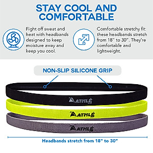 Athlé Skinny Headbands for Women and Men - 6 Pack - Elastic Headbands for Women and Men - Non Slip Silicone Grip - Lightweight and Comfortable Thin Headbands - Black, Green, Grey