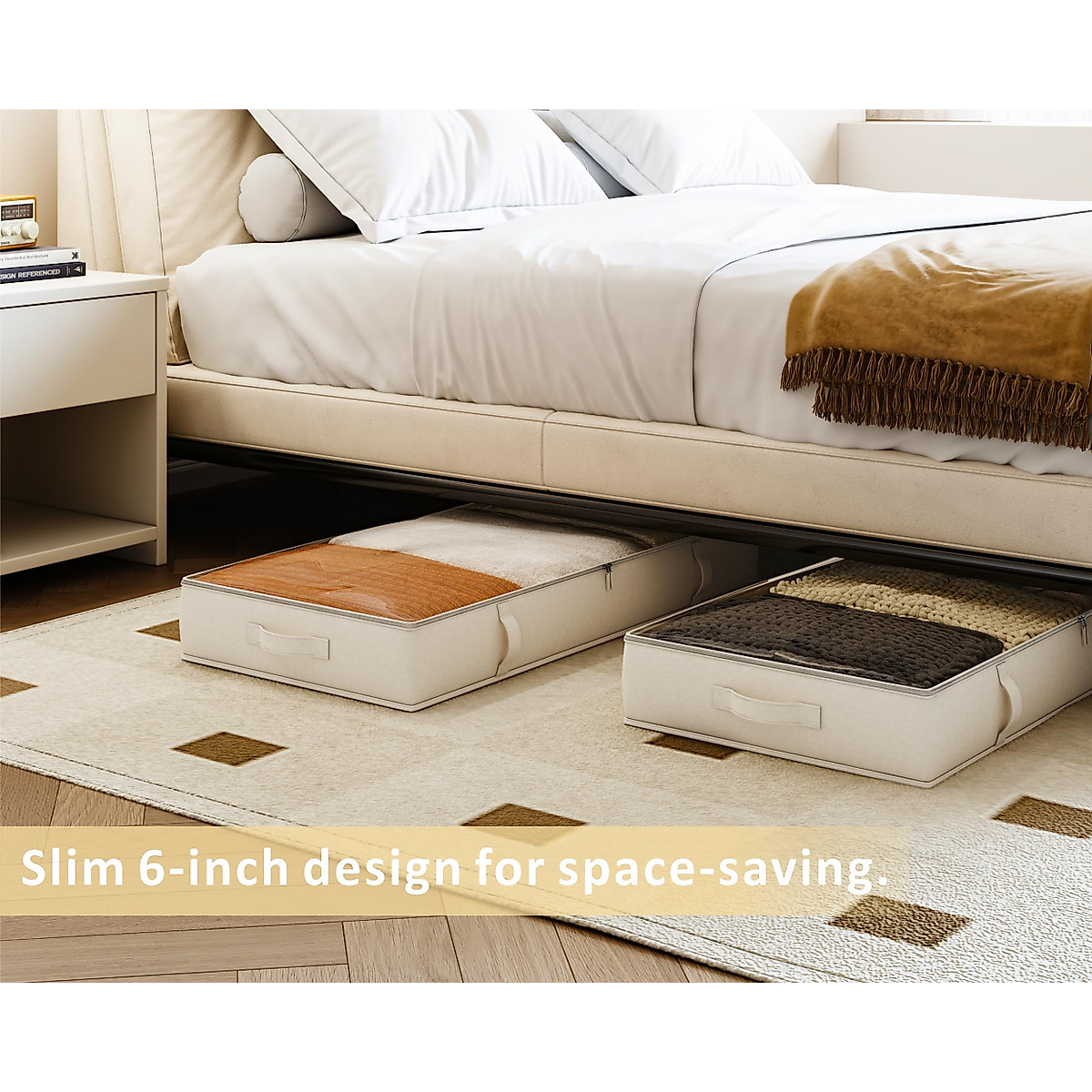 Vailando Under Bed Storage Containers, Underbed Storage Bins with 6 Inches Tall, Clothes Storage Box with Sturdy Handles and Sidewalls, Beige, 2-Pack