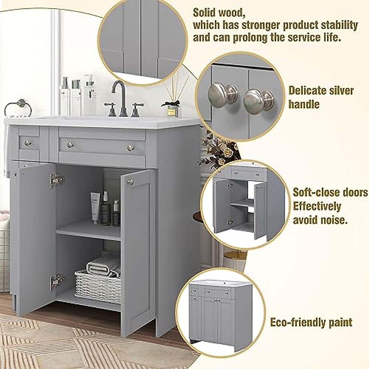 P PURLOVE 30" Bathroom Vanity with Single Sink and Soft Close Doors, Modern Bathroom Cabinet with Adjustable Storage Shelf and Drawers, Solid Wood Frame, Grey