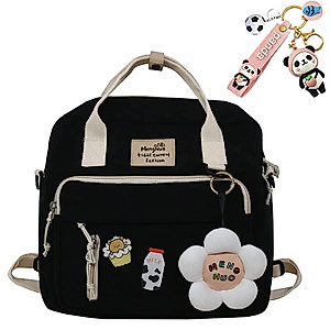 JELLYEA Kawaii Backpack Cute Tote Bag with Flower Accessories Kawaii Pins for Girls School Rucksack (Black)