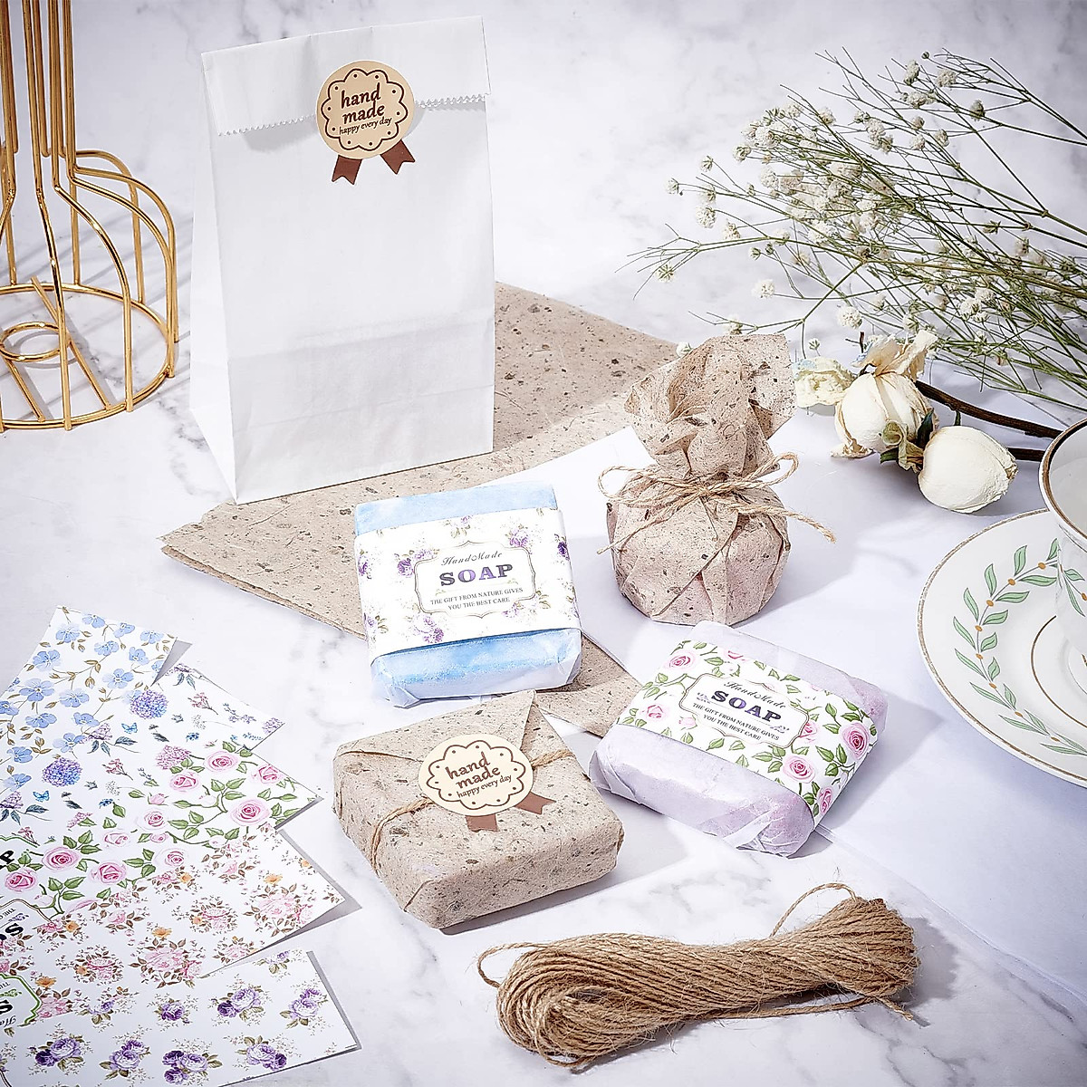 PH PandaHall Handmade Soap Packaging Kit, 30pcs Soap Wrappers 10pcs Greaseproof Wrapping Paper 12pcs Paper Bags 10 Sheets Bake Paper and 10 Yards Jute Cord for Homemade Soap Small Business