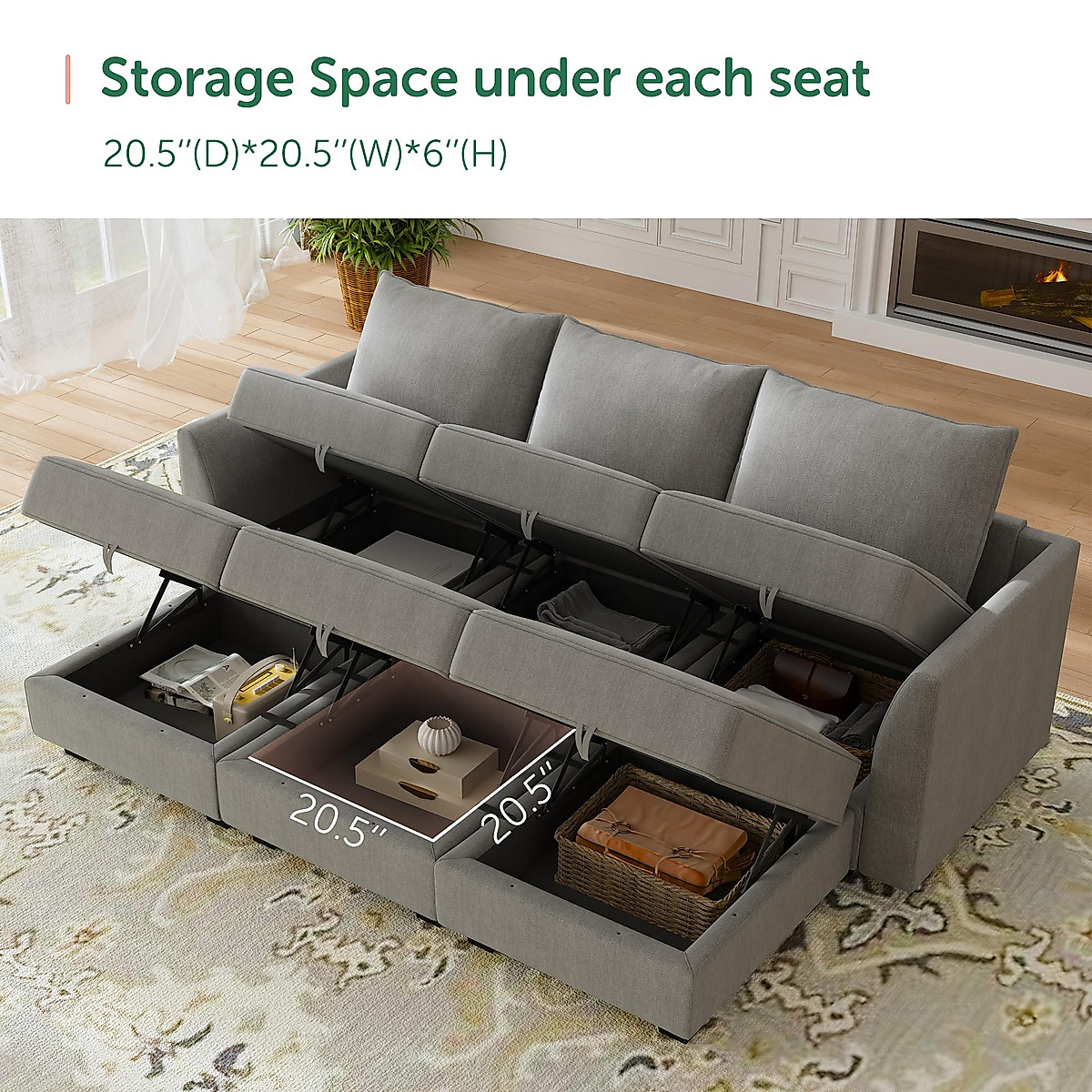 HONBAY Modular Sectional Sleeper Sofa with Storage 6 Piece Modular Sectional Couch Reversible Sleeper Sectional Couch for Living Room, Grey