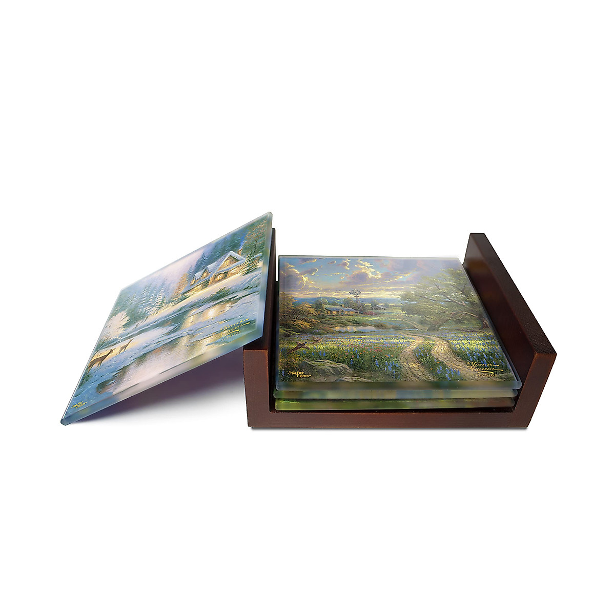 Thomas Kinkade - Seasons Scenes – Summer Spring Winter Fall - Set of Four 4” x 4” Glass Coasters - Comes with Stylish Modern Wooden Coaster – for Gifting and Collecting
