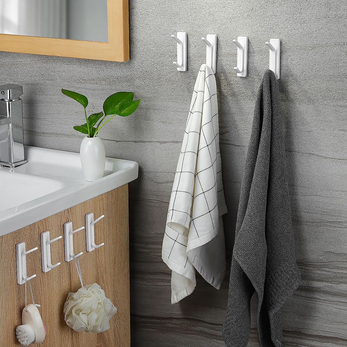 YIGII Utility Hooks/Adhesive Hooks for Hanging, Damage Free Hanging Wall Hooks with Adhesive Strips, Removable Wall Hooks Heavy Duty in Living Spaces, 8 Plastic White Hooks and 8 Adhesive Strips