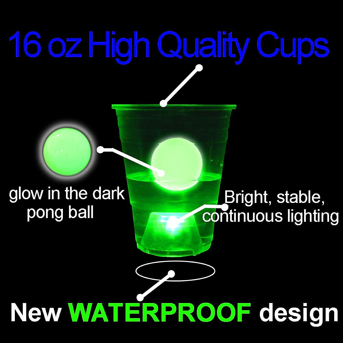 Glow in The Dark Beer Pong Set,Light up Beer Pong Cups for Indoor Outdoor Nighttime Competitive Fun,22 Glowing Cups(11 Green &11 Blue), 6 Glowing Balls, Waterproof- Party Game