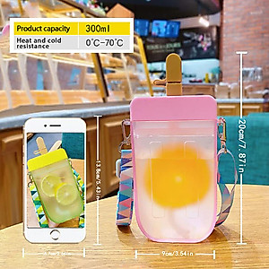 AGUDOU Cute Water Bottles with Straw, Sports Popsicle Water Bottle with Adjustable Shoulder Strap, Creative Portable Ice Cream Popsicle Cup for School Kids Girls Drinking Bottles Camping (pink)