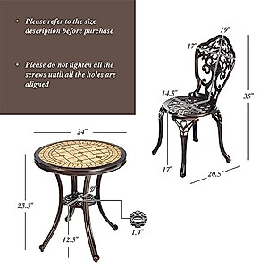 LUKEO 3PCS Patio Bistro Set Round Table Chairs All Weather Cast Aluminum Yard