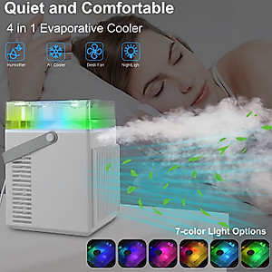 Portable Air Conditioner Fan Personal Air Conditioner Mini Evaporative Portable Personal Air Cooler with 3 Speeds USB-C Portable Evaporative Cooler with 7 Colors Light & 6 Ice Boxes for Bedroom Office