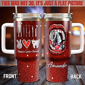 WAZONE Personalized Dentist 40oz Tumbler with Handle and Straw Lid Custom Name Insulated Travel Mugs Stainless Steel Peace Love Dental Leopard Gifts for Women Student Medical Oral Hygienists