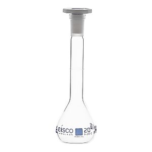 EISCO Volumetric Flask, 20ml - Class A - 10/19 Polyethylene Stopper, Borosilicate Glass - Blue Graduation, Tolerance ±0.040
